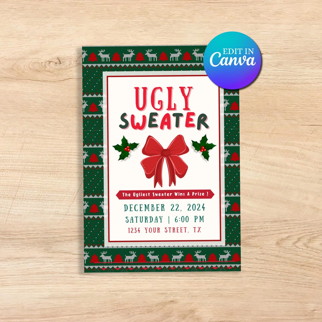 Editable Ugly Christmas Sweater Party Invitation Template | Printable ...