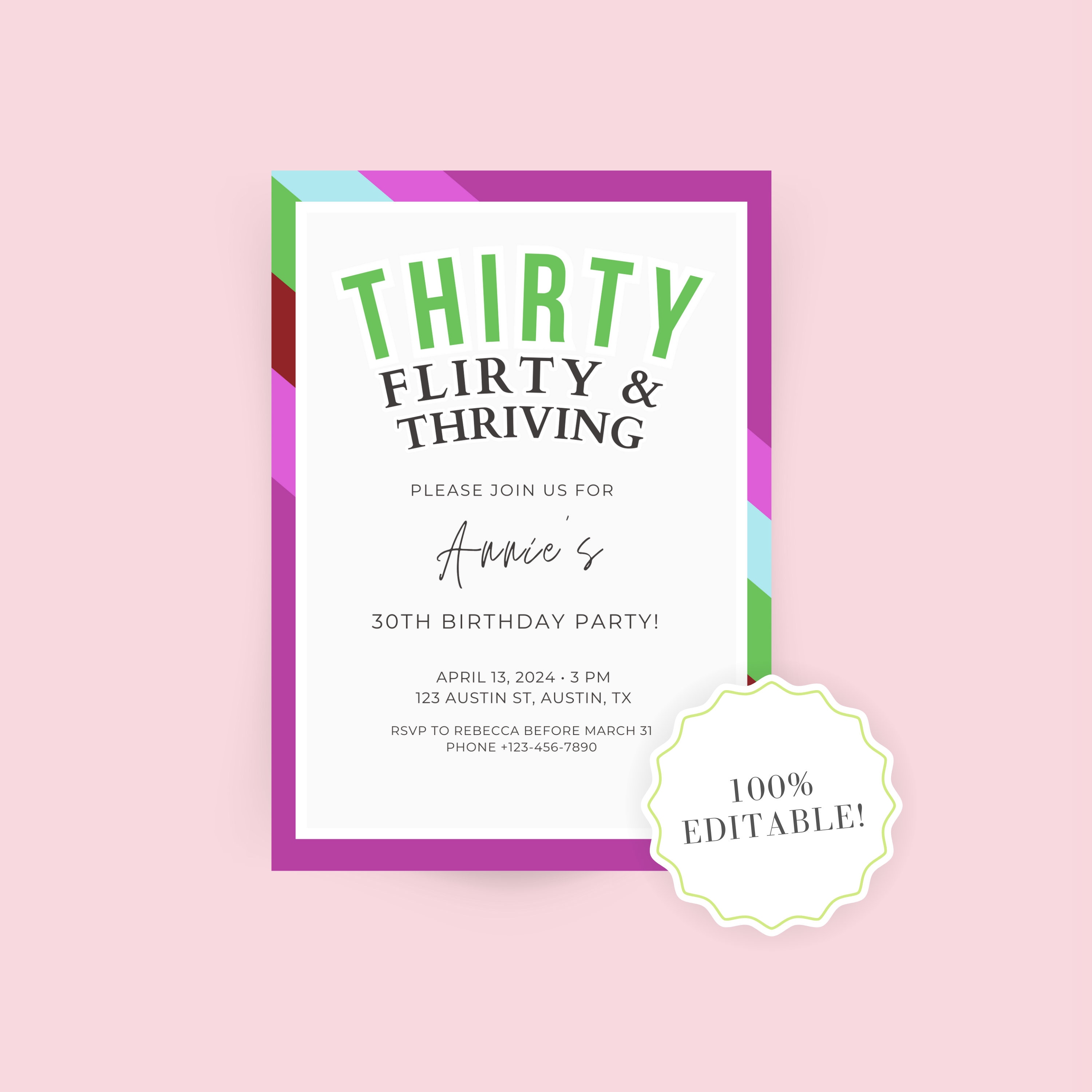 Editable Thirty, Flirty and Thriving Birthday Party Invitation Template 13 Going on 30 Theme ...