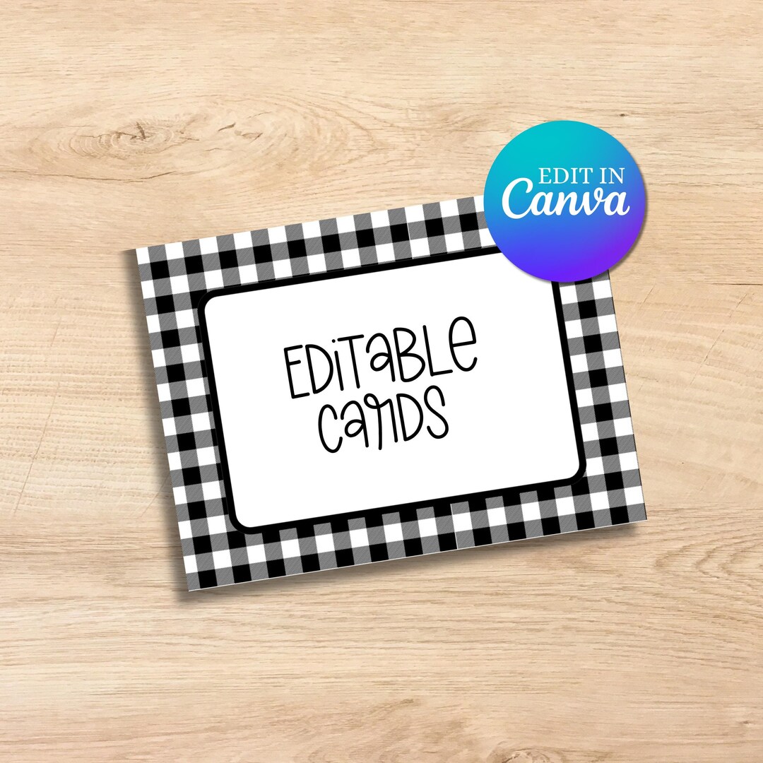 Custom Black Gingham Print Food Labels, Name, Table Cards | Editable ...