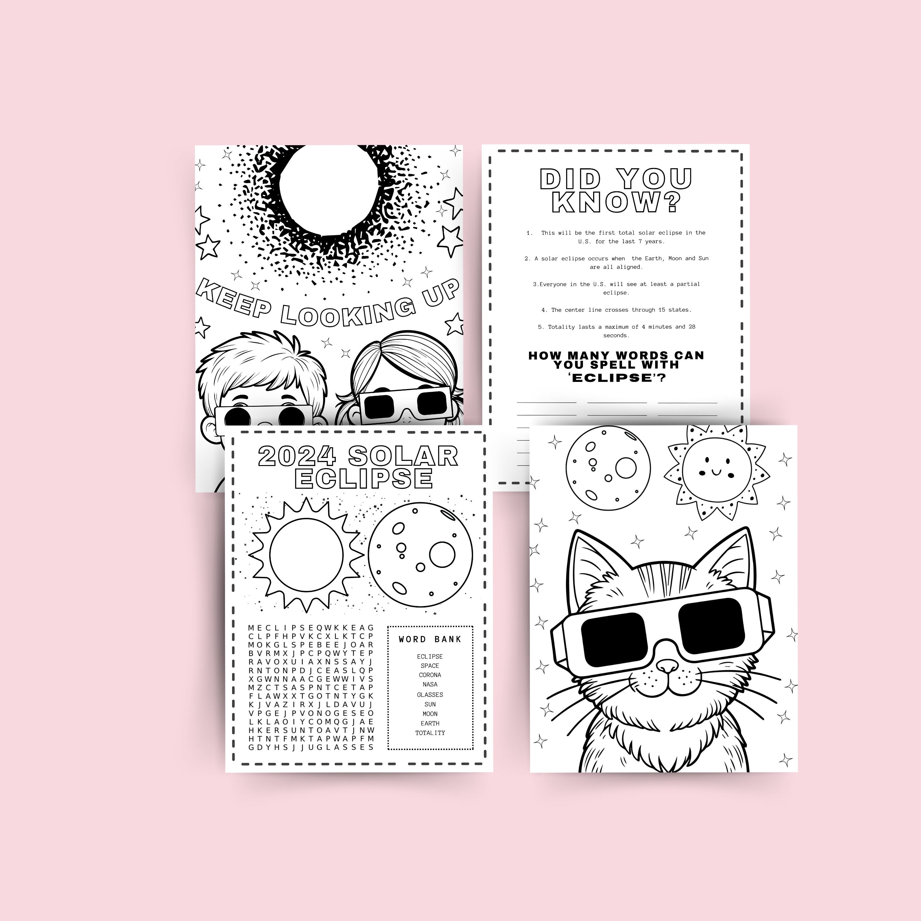 Printable 2024 Total Solar Eclipse Coloring Activity Sheets Word Search ...