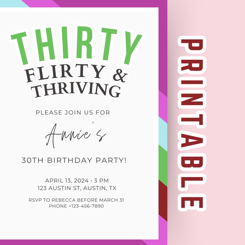 Editable Thirty, Flirty and Thriving Birthday Party Invitation Template ...