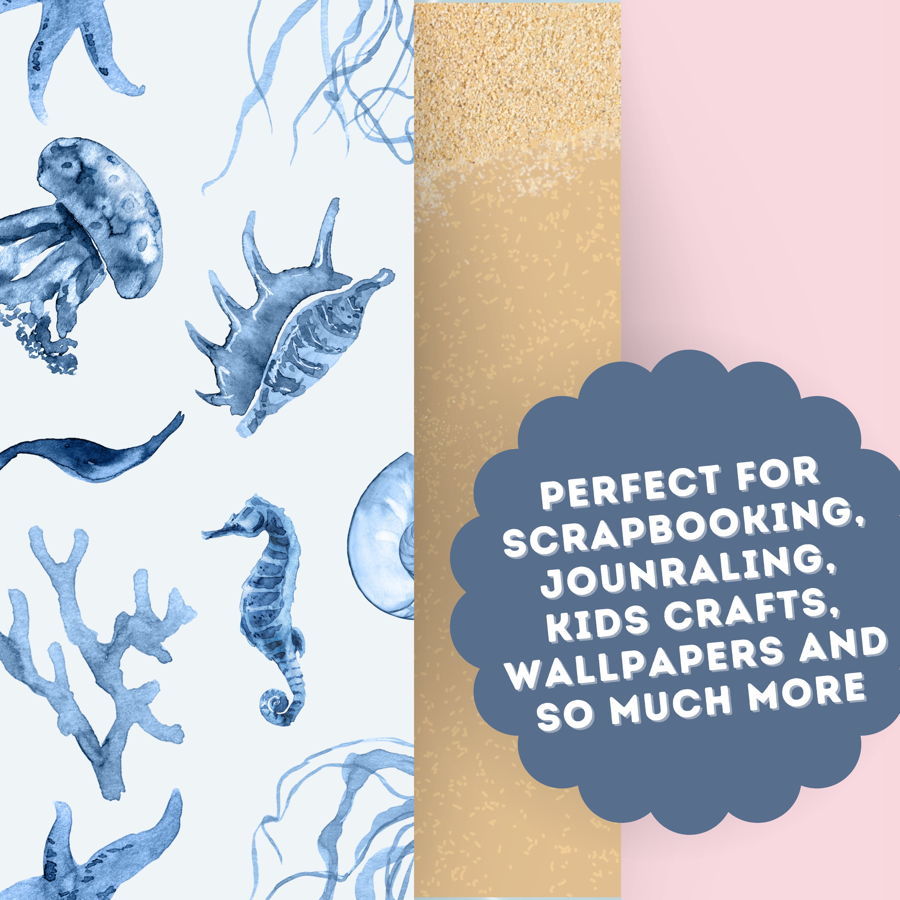 Ocean Watercolor Digital Paper, Instant Download Beach Craft Paper for ...