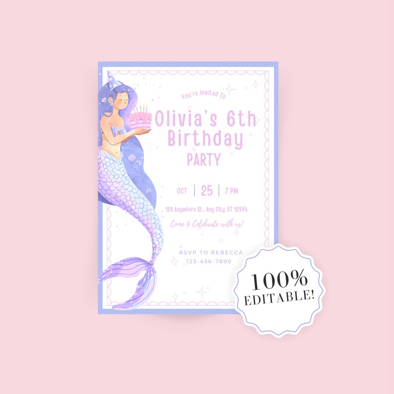 Custom Mermaid Themed Birthday Party Invitation Template | Editable ...