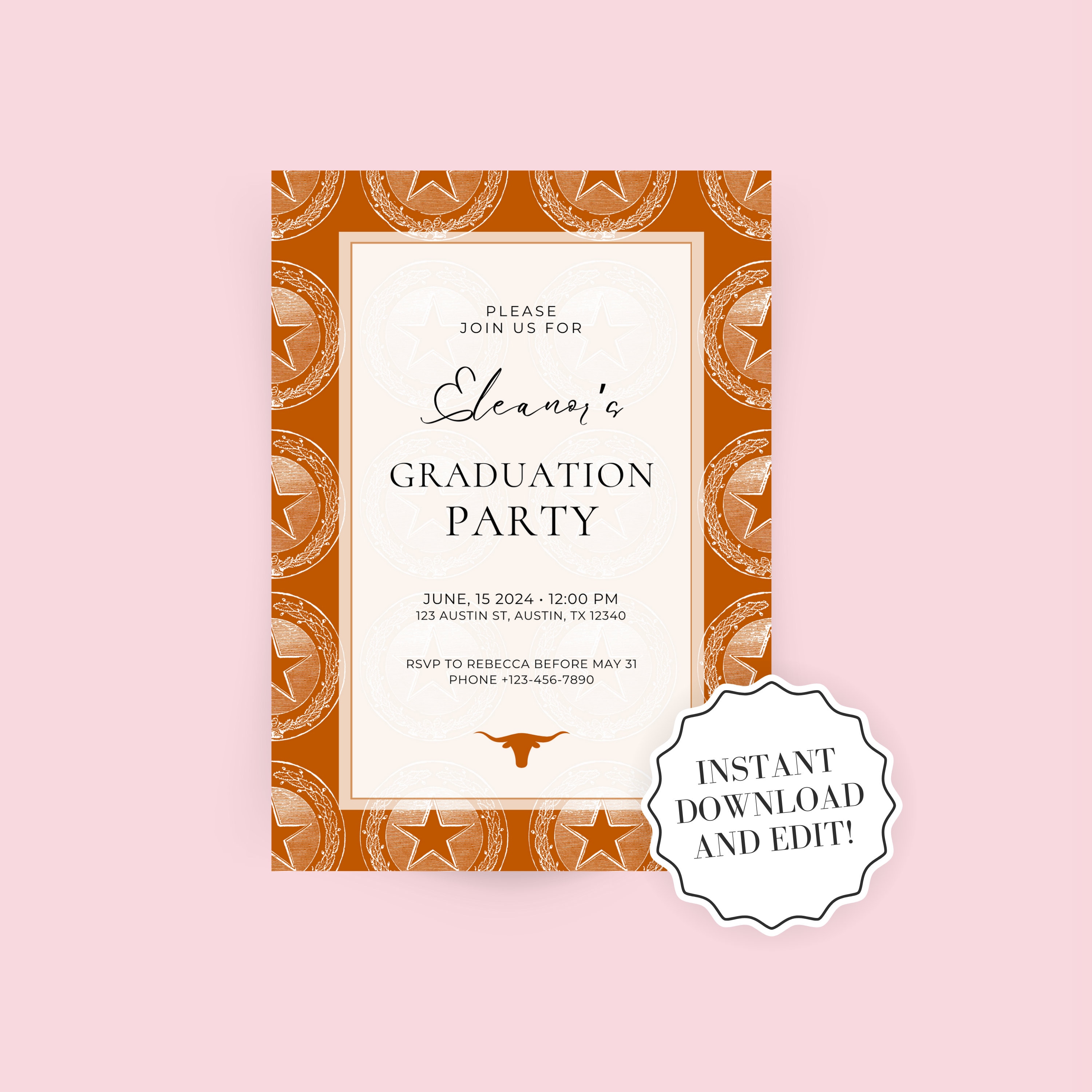 Custom Burnt Orange Graduation Party Invitation Template | Instant ...