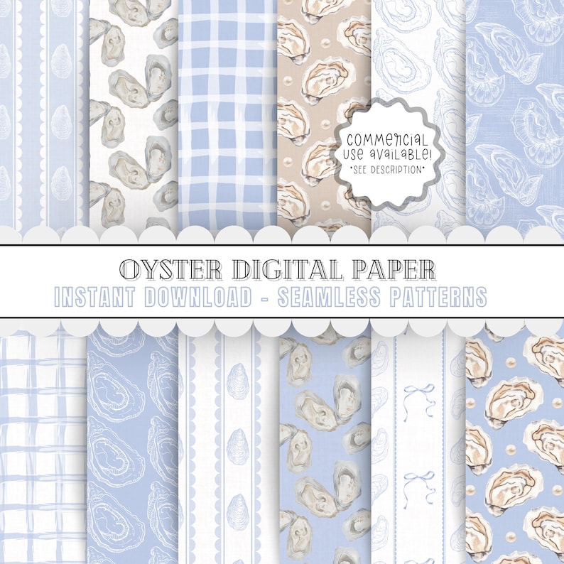 Seamless Coastal Oyster Digital Paper Bundle | Printable Patterns for ...