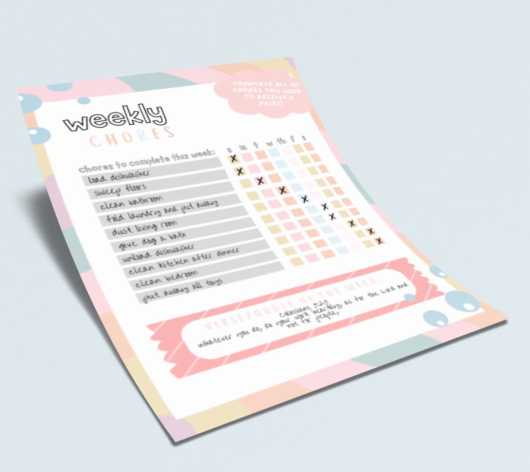 Child’s Weekly Chore Chart, Montessori Cleaning Chart, at Home ...