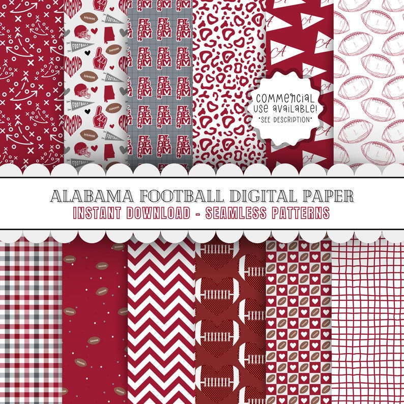 Alabama Seamless Digital Paper Bundle | Printable, Crimson Football ...