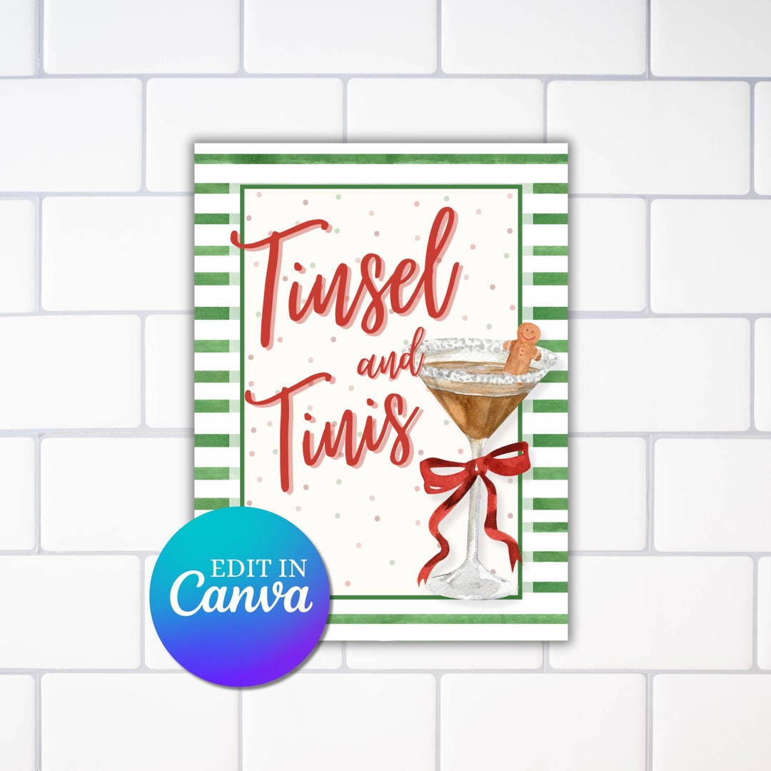 Editable Tinsel and Tinis Holiday Sign | Martini-themed Christmas Party ...