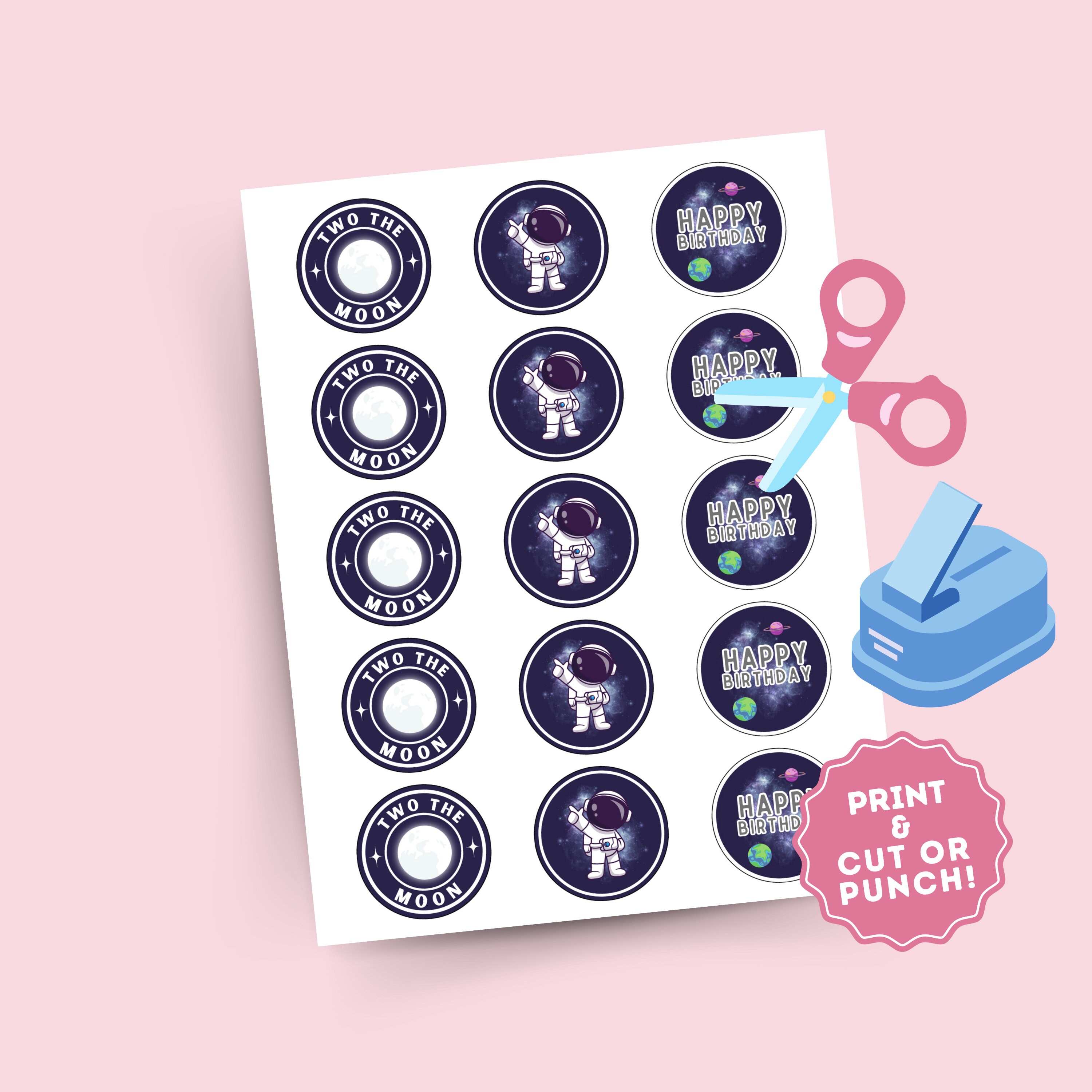 Two the Moon Cupcake Toppers Printable 2nd Birthday Space Themed ...