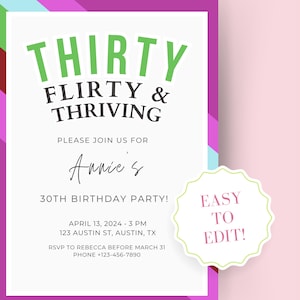 Editable Thirty, Flirty and Thriving Birthday Party Invitation Template ...