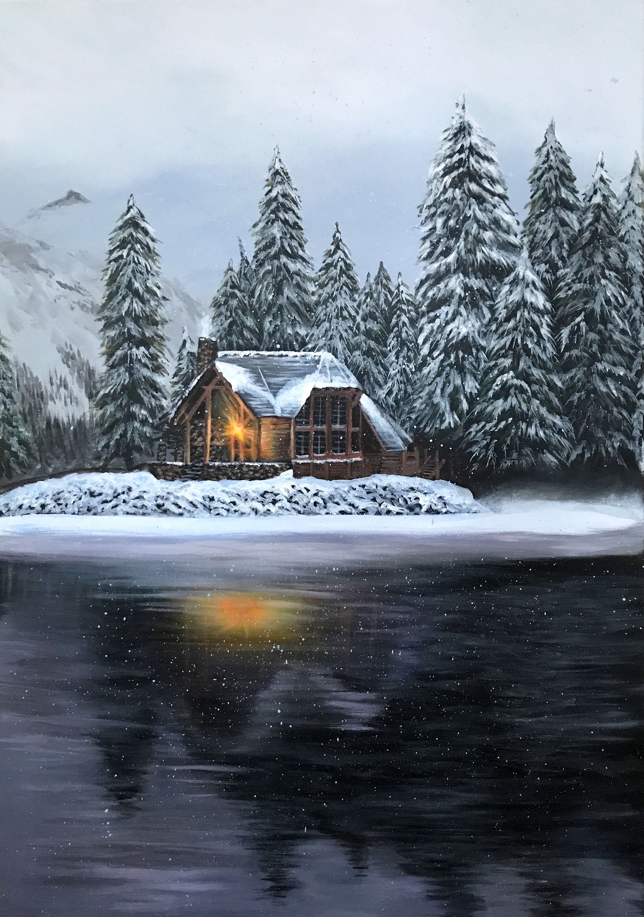 Original Winter Cabin Acrylic Painting, Winter Snow Scene Artwork ...