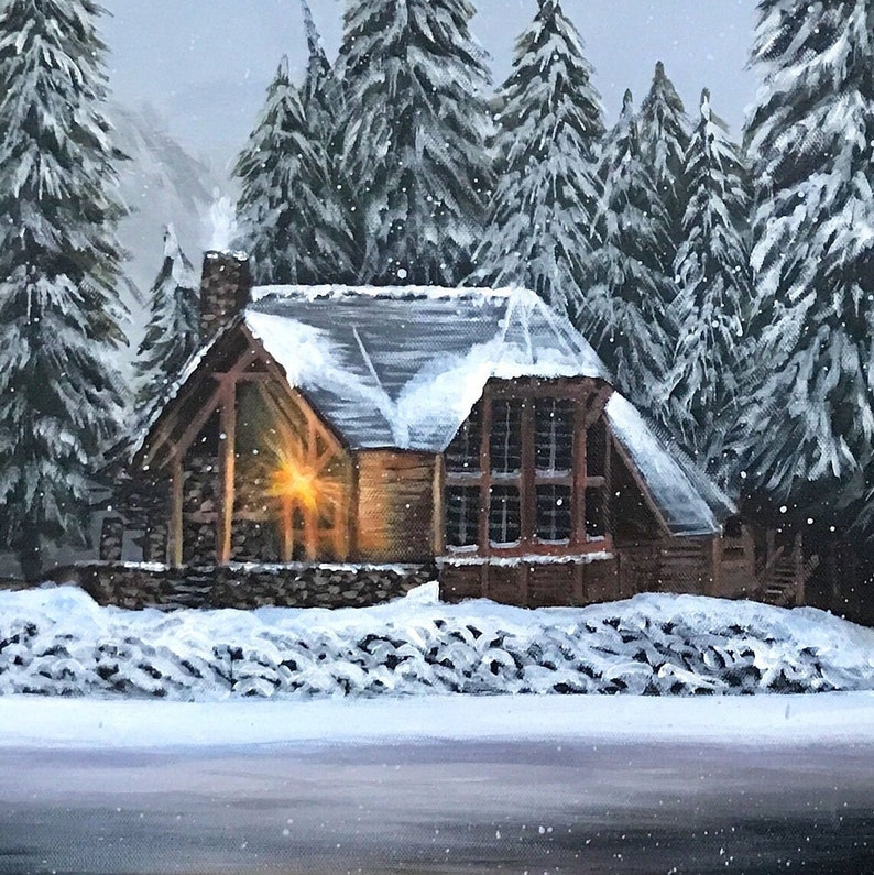 Original Winter Cabin Acrylic Painting Winter Snow Scene - Etsy