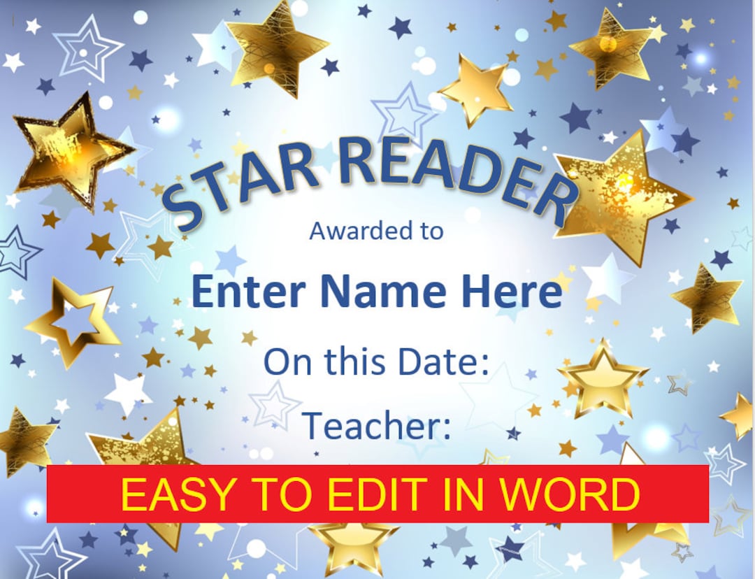 Certificate, Award, Reading Award, Student Award, Easy to Edit, Star ...