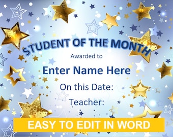 Student of the Month Printable Certificate Template Black, Editable ...