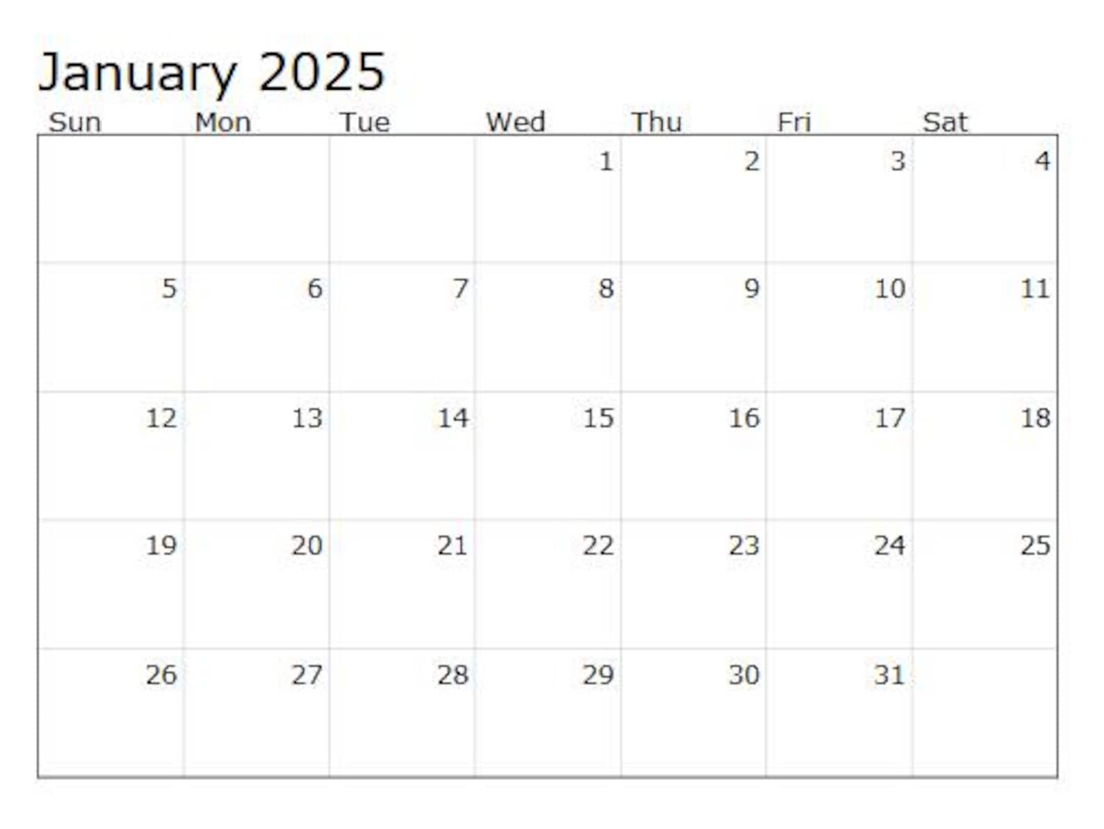 2025 Calendar, Printable Calendar, Downloadable Calendar, 2025 Monthly Calendar, Minimalist ...