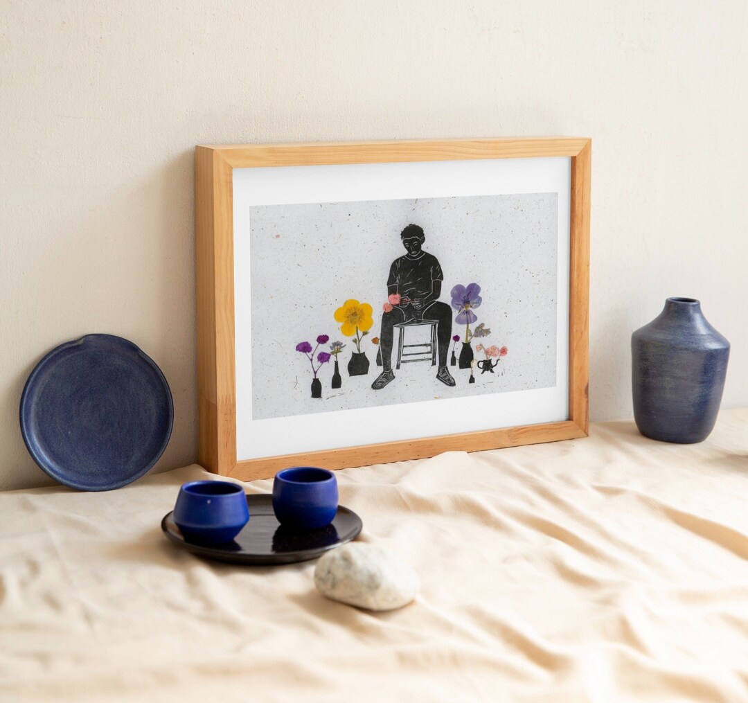 Linocut Boy Dried Flowers Collage Print Craft Paper - Etsy