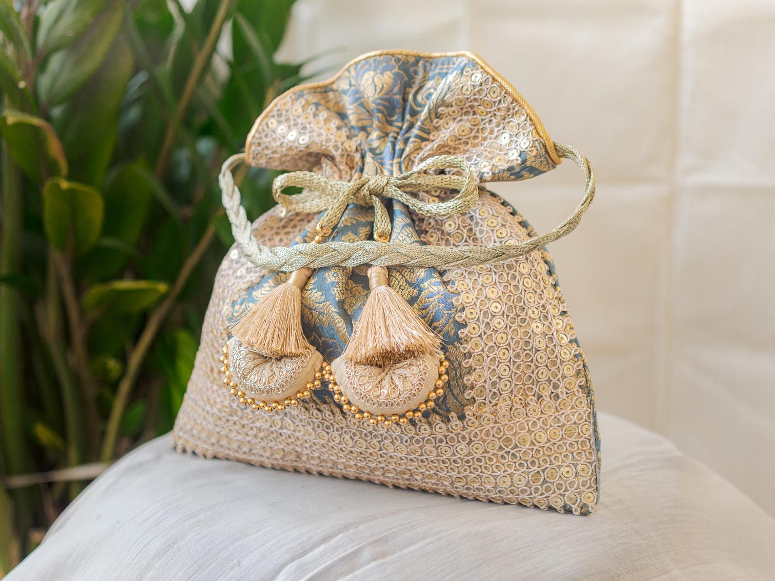 Grey & Golden Banarasi Potli With Triple Lace Pattern, Bridal ...