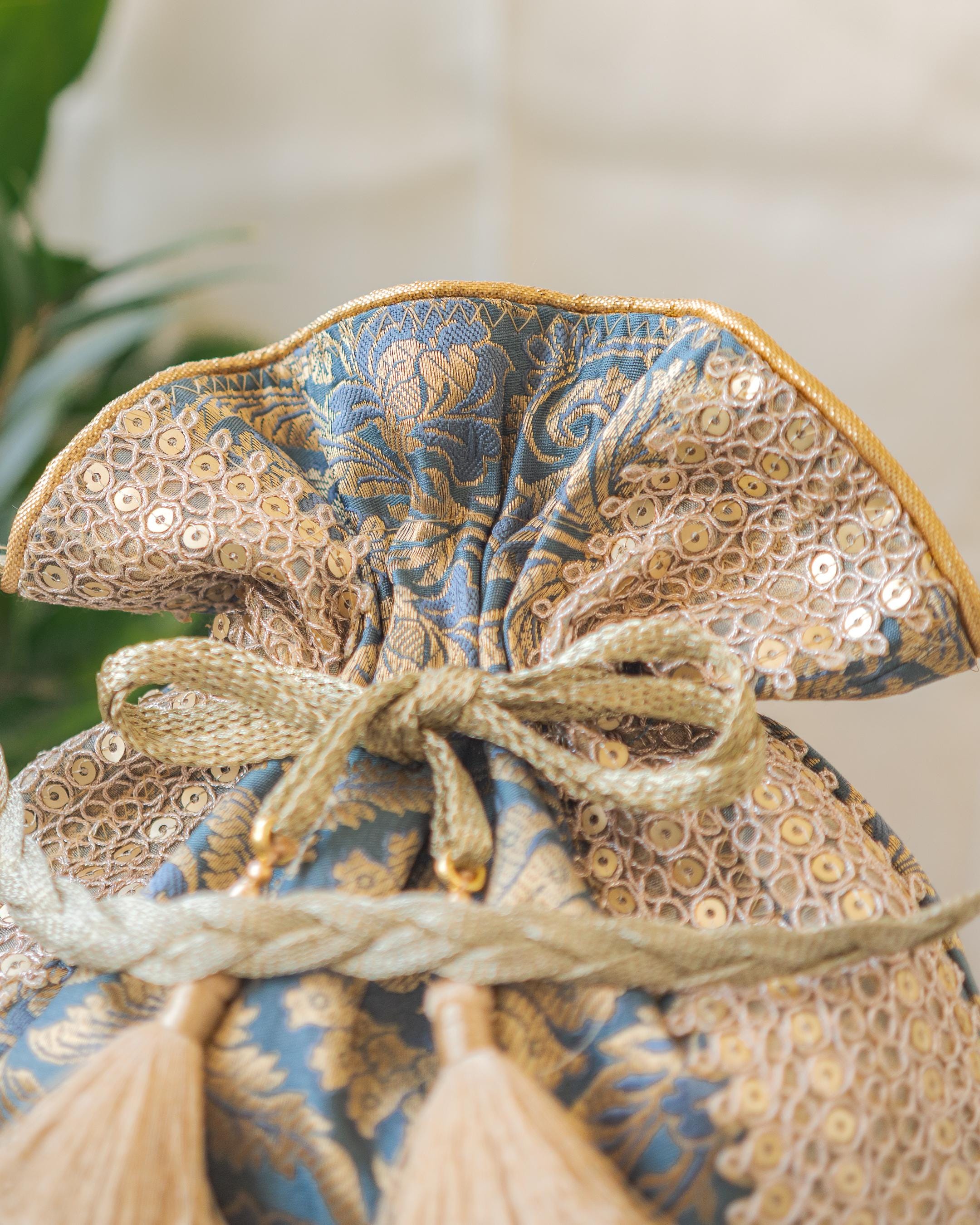 Grey & Golden Banarasi Potli With Triple Lace Pattern, Bridal Embroidered Designer Potli Bag ...