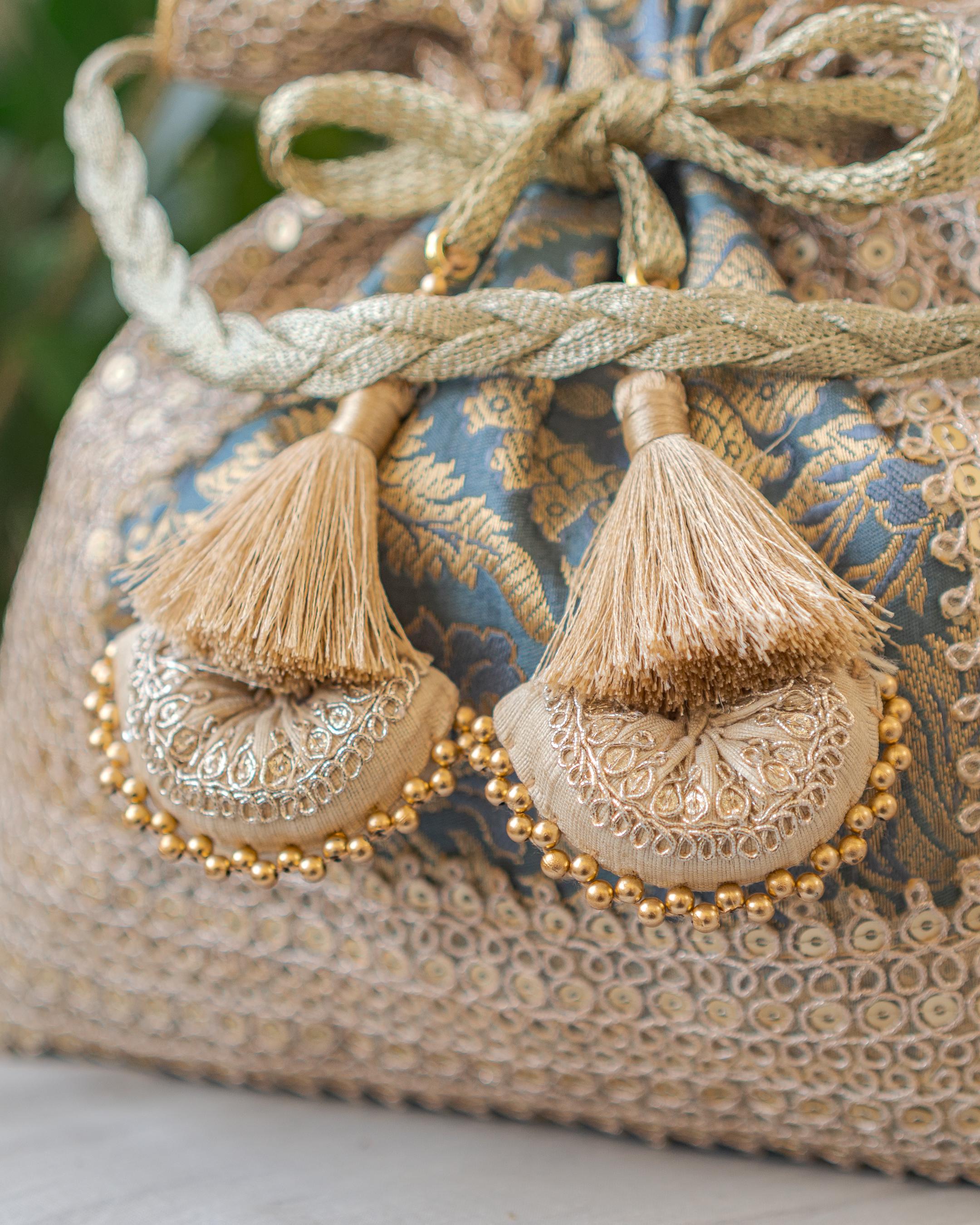 Grey & Golden Banarasi Potli With Triple Lace Pattern, Bridal ...