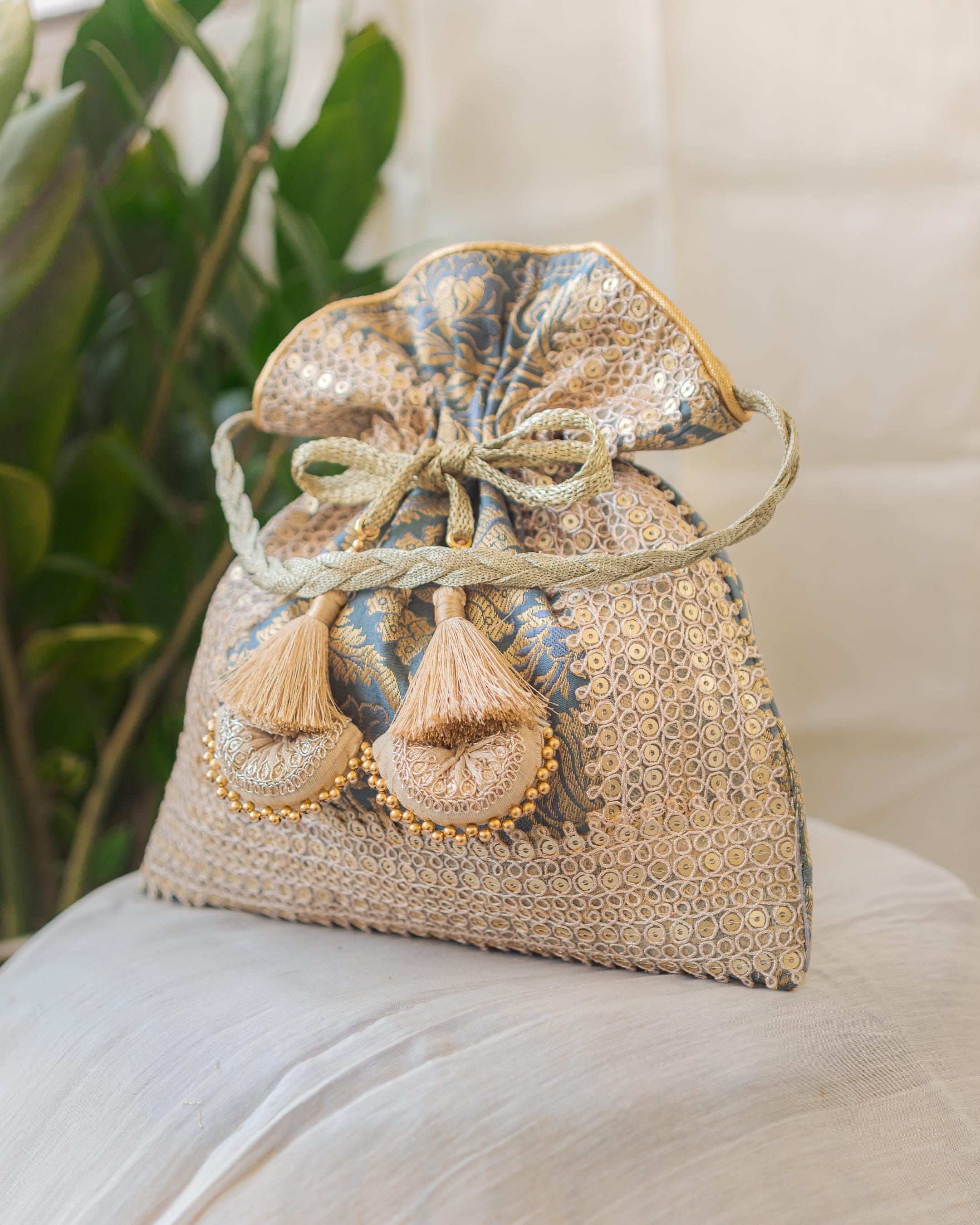 Grey & Golden Banarasi Potli With Triple Lace Pattern, Bridal Embroidered Designer Potli Bag ...