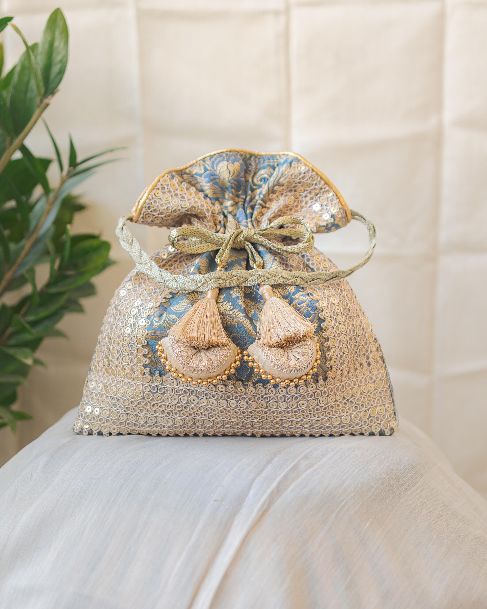 Grey & Golden Banarasi Potli With Triple Lace Pattern, Bridal ...