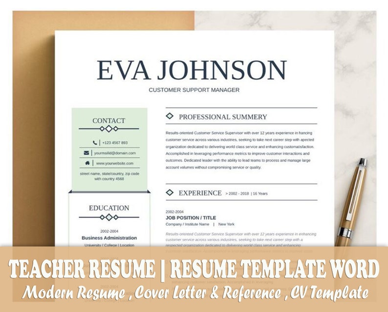 Teacher Resume, Resume Template Word, Professional Resume, Modern ...