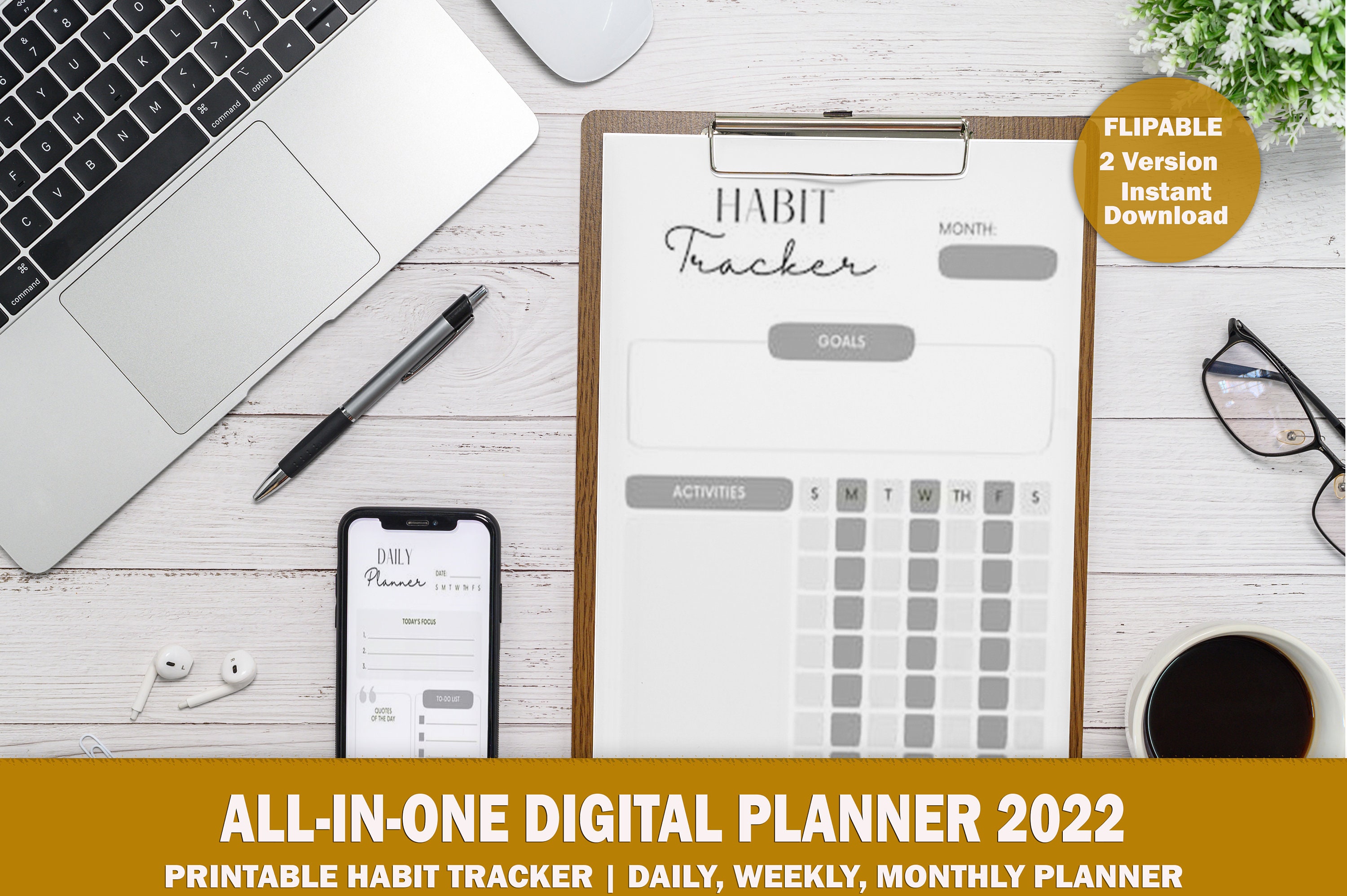 Undated Digital Planner 2022, Habit Tracker, Digital Monthly, Weekly ...