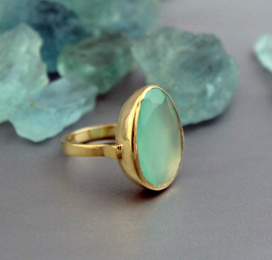 Aqua Chalcedon Gold Ring, 18k vergoldet, Zierliche Sterling Silber Ring, Natürliche Edelstein ...