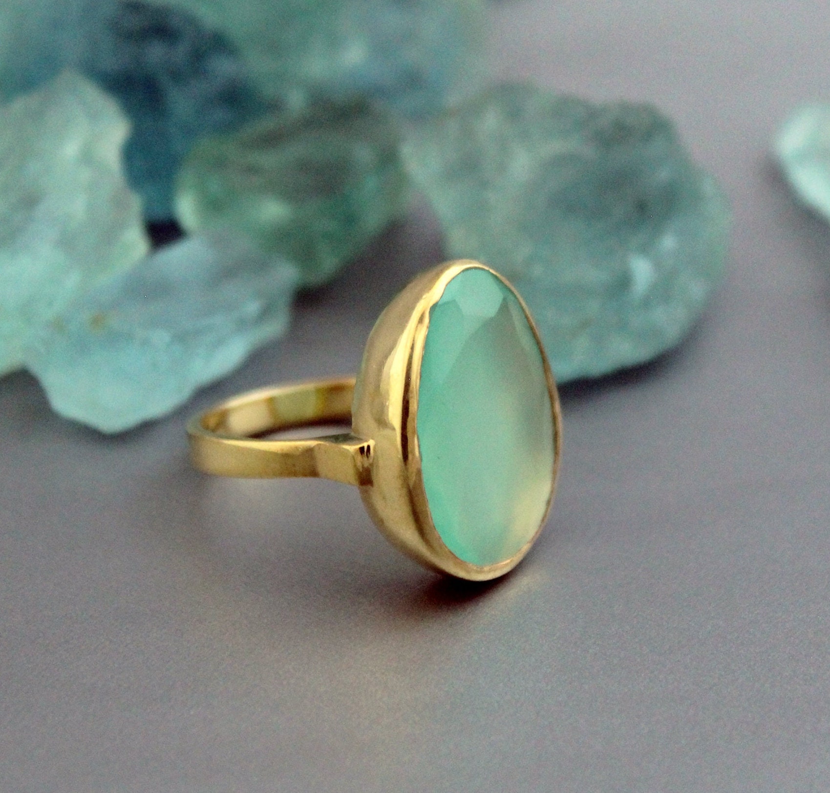 Aqua Chalcedon Gold Ring, 18k vergoldet, Zierliche Sterling Silber Ring, Natürliche Edelstein ...