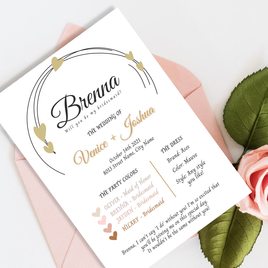 DIGITAL Bridesmaid Info Card Template Bridal Party Info Card Etsy