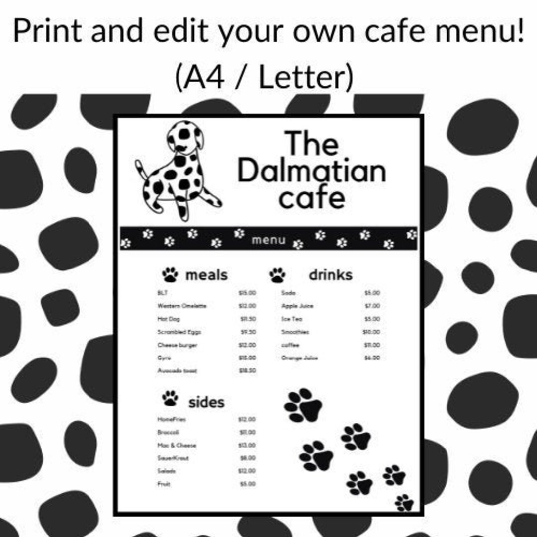 Dalmatian Dog Cafe Menu - Etsy Australia