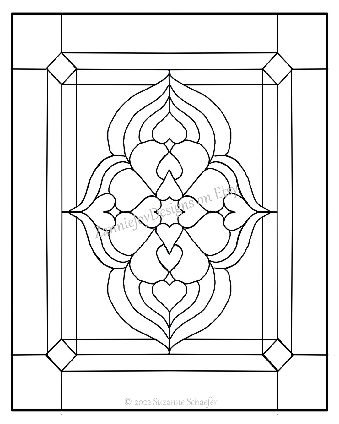Hearts Stained Glass Pattern, Instant Download, Line Art, Coloring Page ...