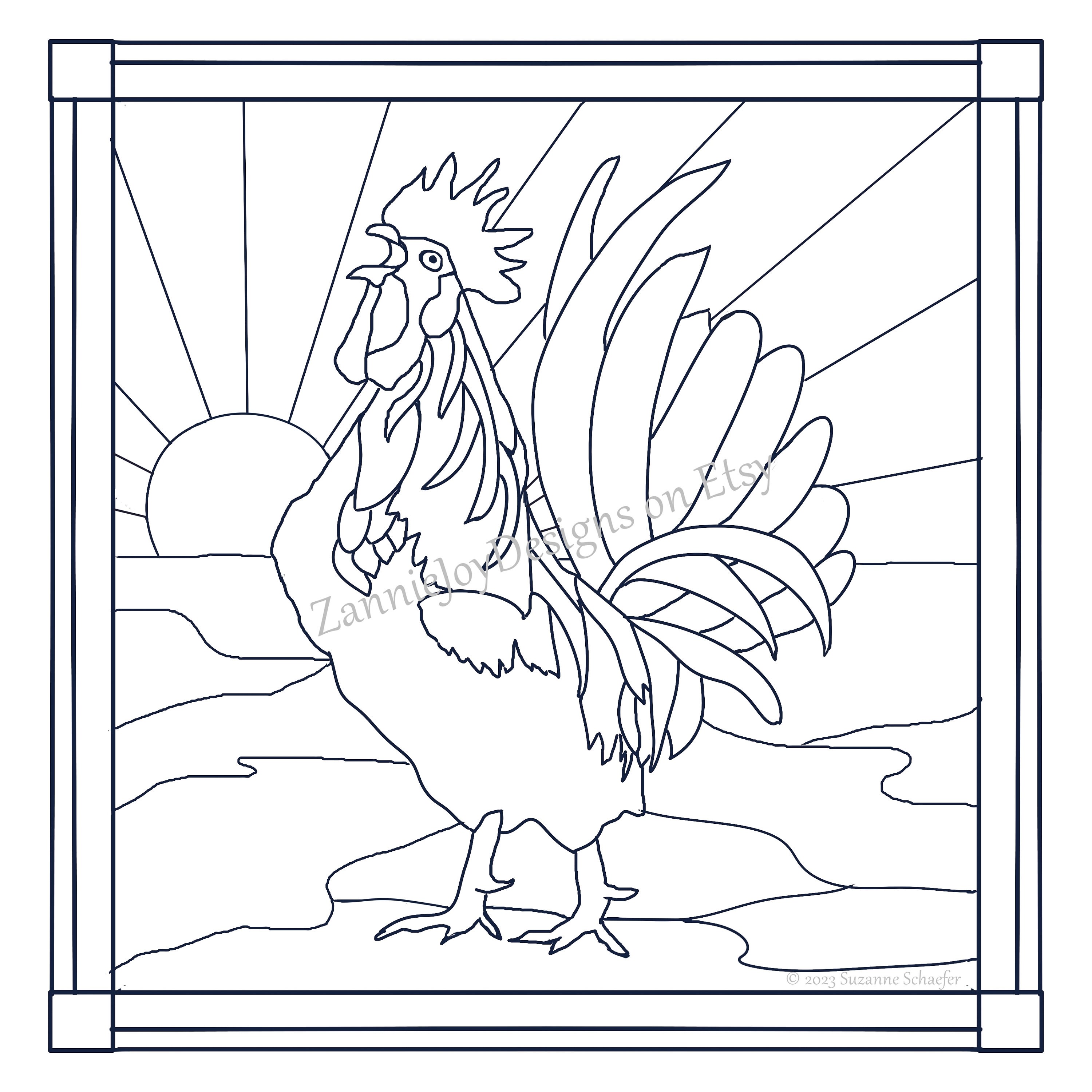 Crowing Rooster Stained Glass Pattern, Chicken Drawing, Coloring Page ...