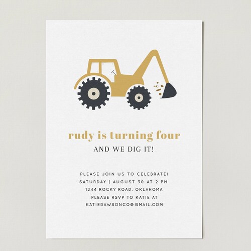 Digger Invitation Boys Construction Birthday Party Theme - Etsy Australia