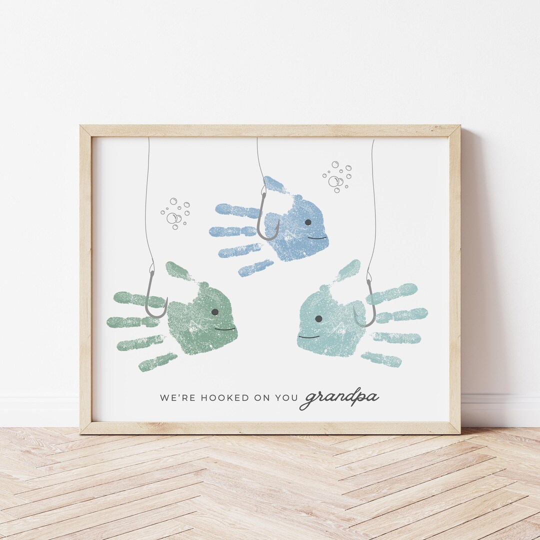 Hooked on Grandpa Fishing Handprints Art Printable for 3 Kids, Birthday ...