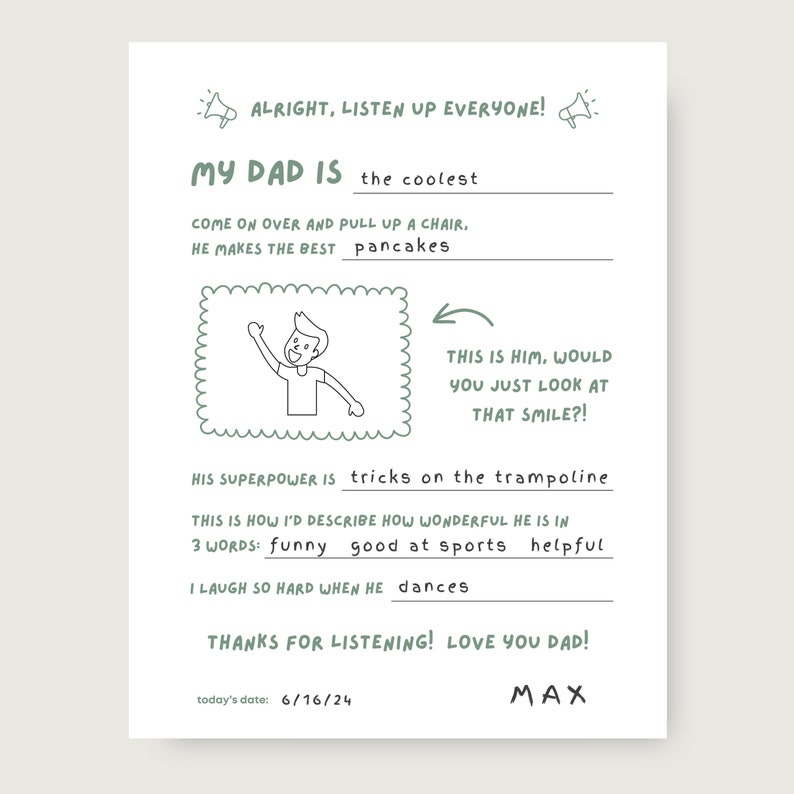 Father's Day Fill in the Blank Questionnaire Dad Birthday Gift From ...
