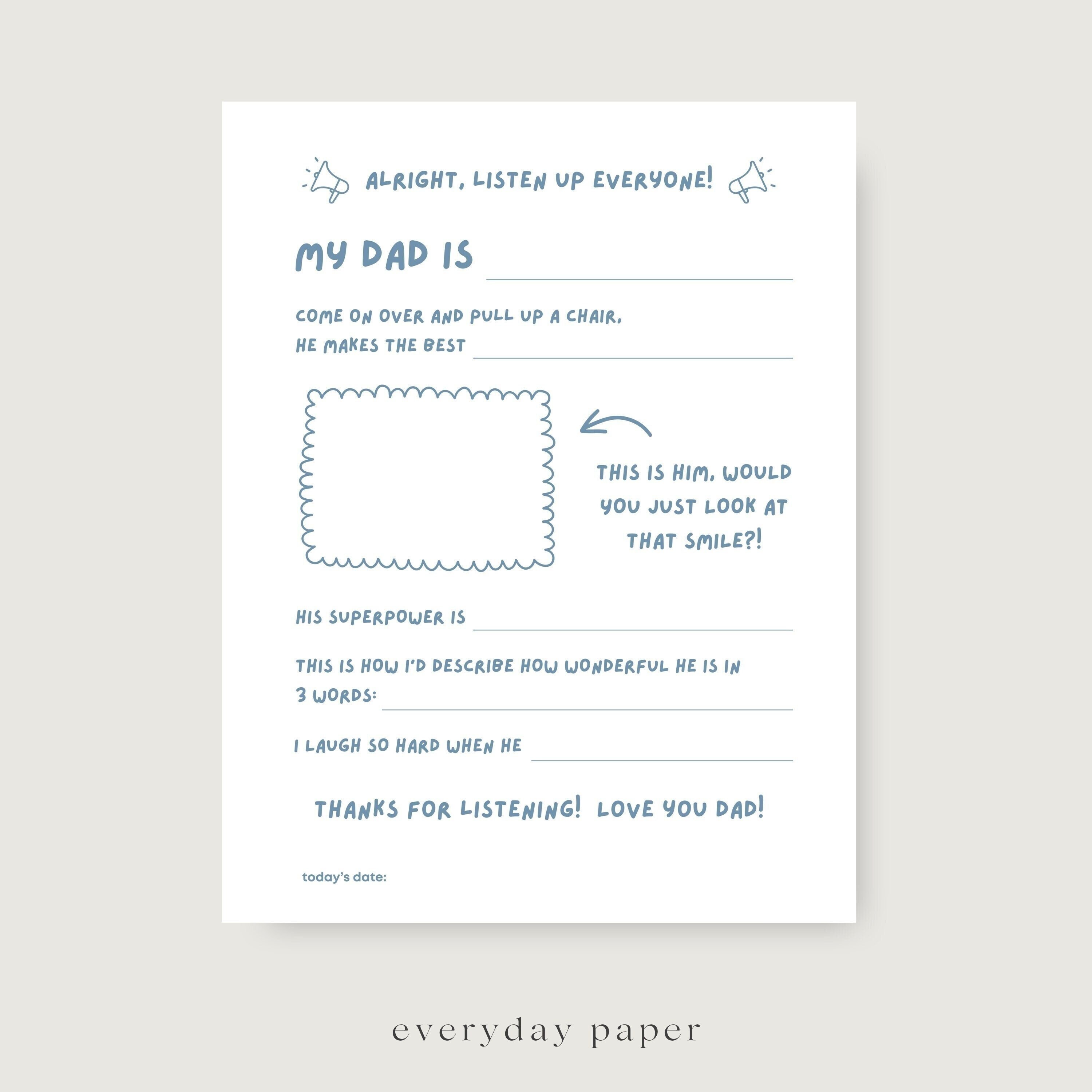 Father's Day Fill in the Blank Questionnaire Dad Birthday Gift From ...