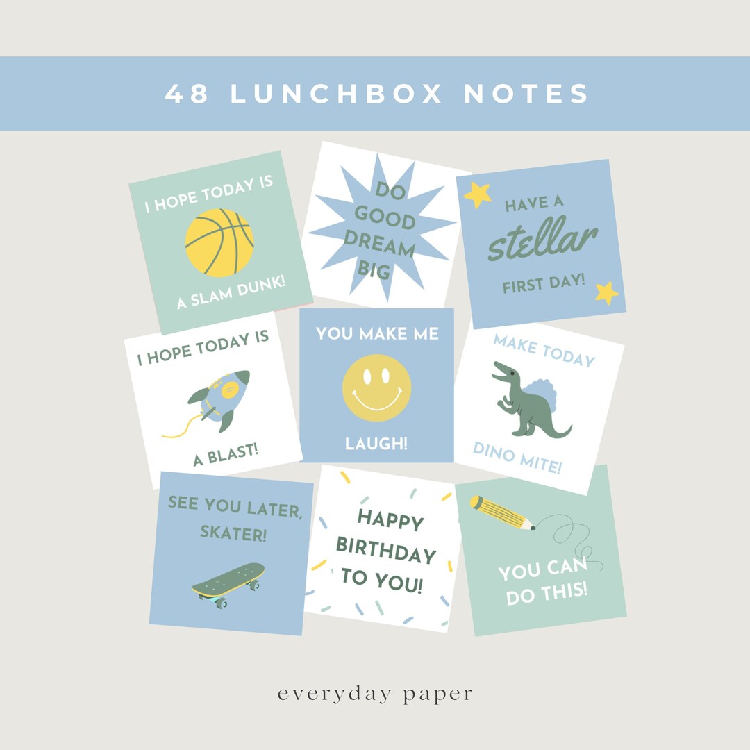 Printable Lunchbox Notes, Inspirational Boy Lunchbox Notes, Blue Green ...