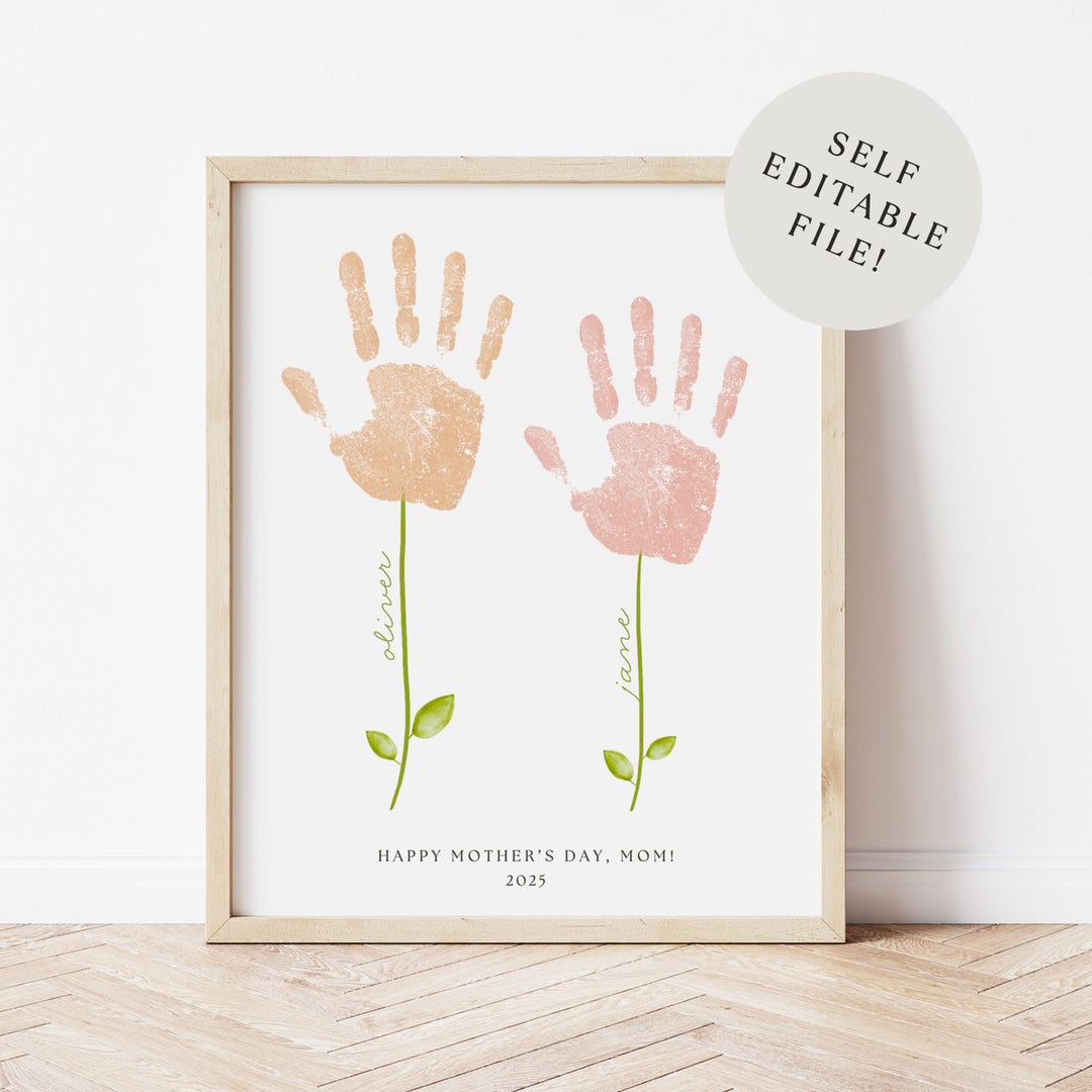 Self Editable Mother's Day Flower Handprint Art Printable for Two Kids ...