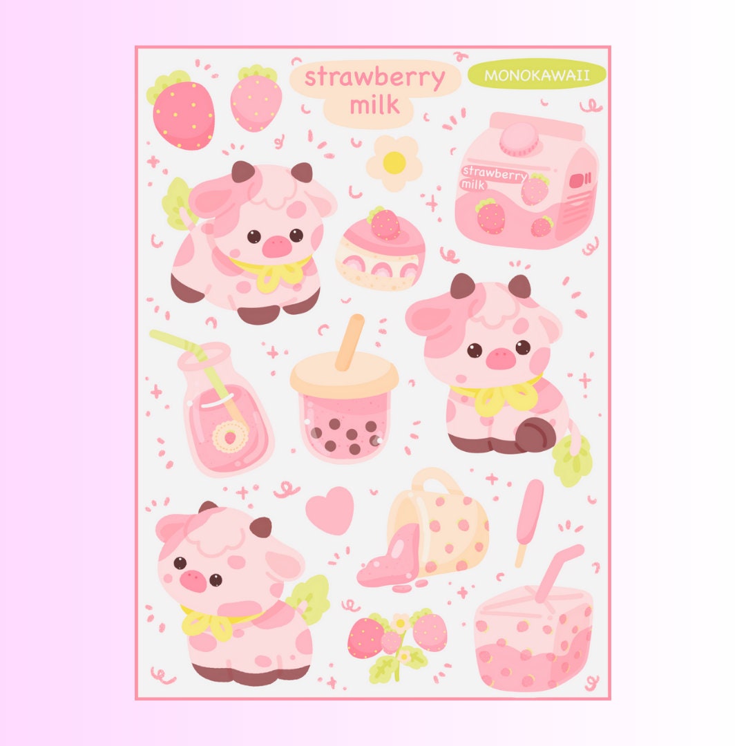 Strawberry Milk Sticker Sheet L Kawaii Sticker Sheet L Cute Stickers L ...