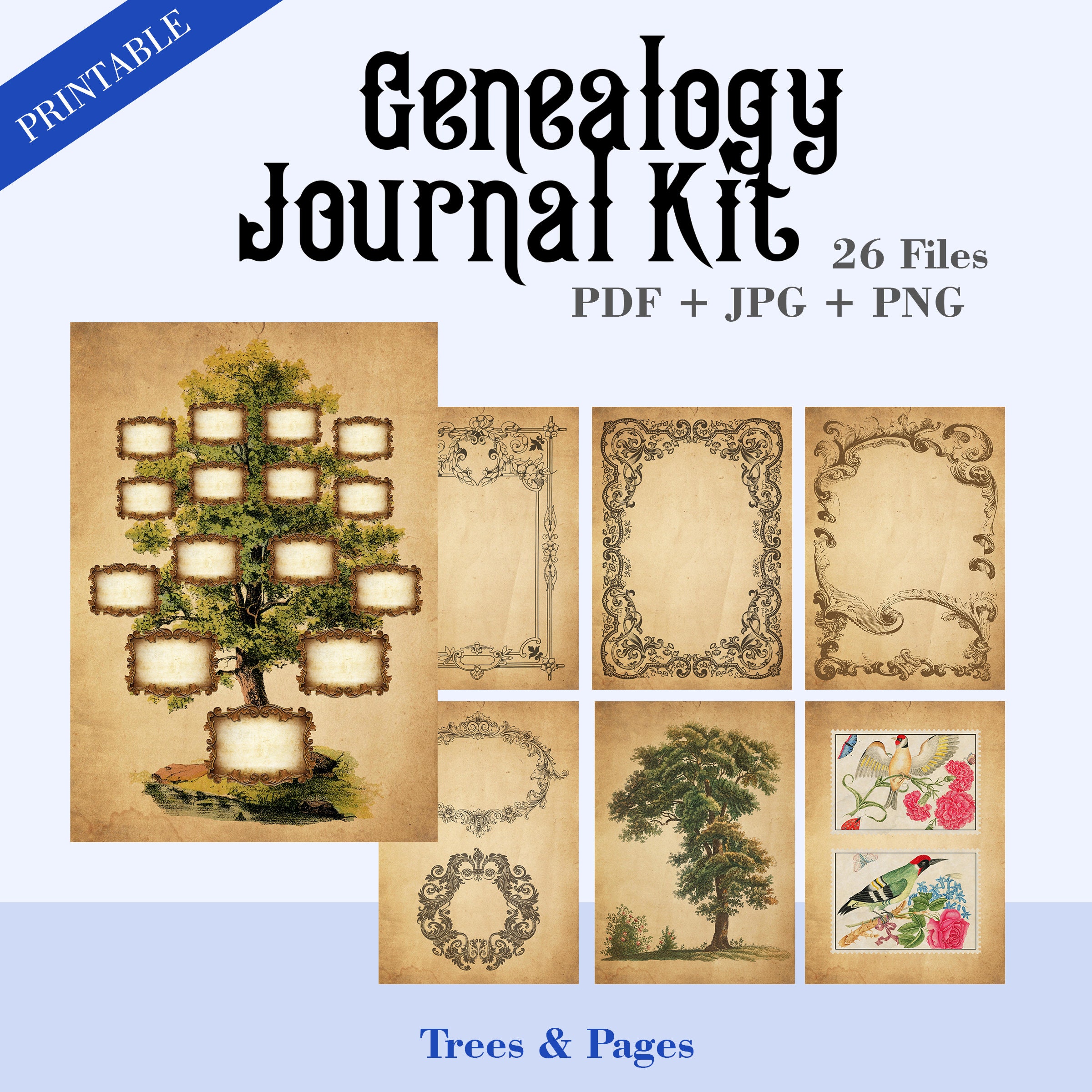 Vintage Genealogy Journal Kit (26 Printable JPG+PNG Pages) for Family ...
