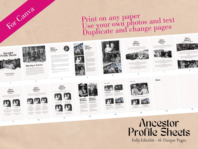 Genealogy Ancestor Profile Sheets for Canva - 16 Unique Pages to ...