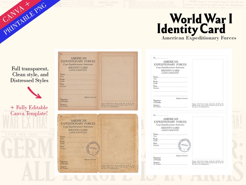 WW1 Identity Card American Expeditionary Forces Military Record ...