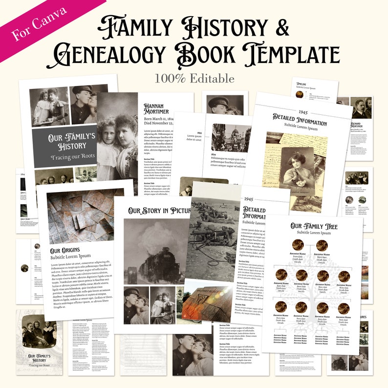 Genealogy Family History Scrapbook for Canva - 59 Pages to Customize ...