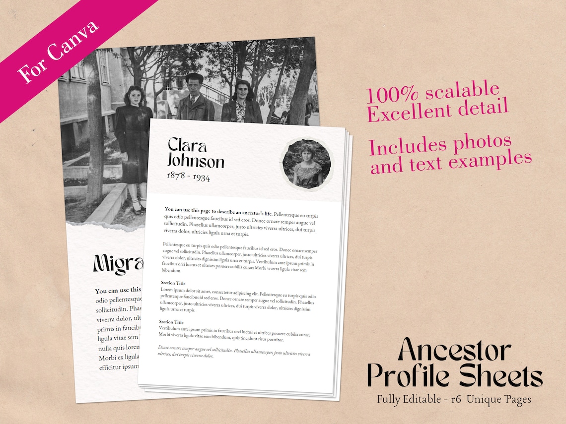 Genealogy Ancestor Profile Sheets for Canva - 16 Unique Pages to ...