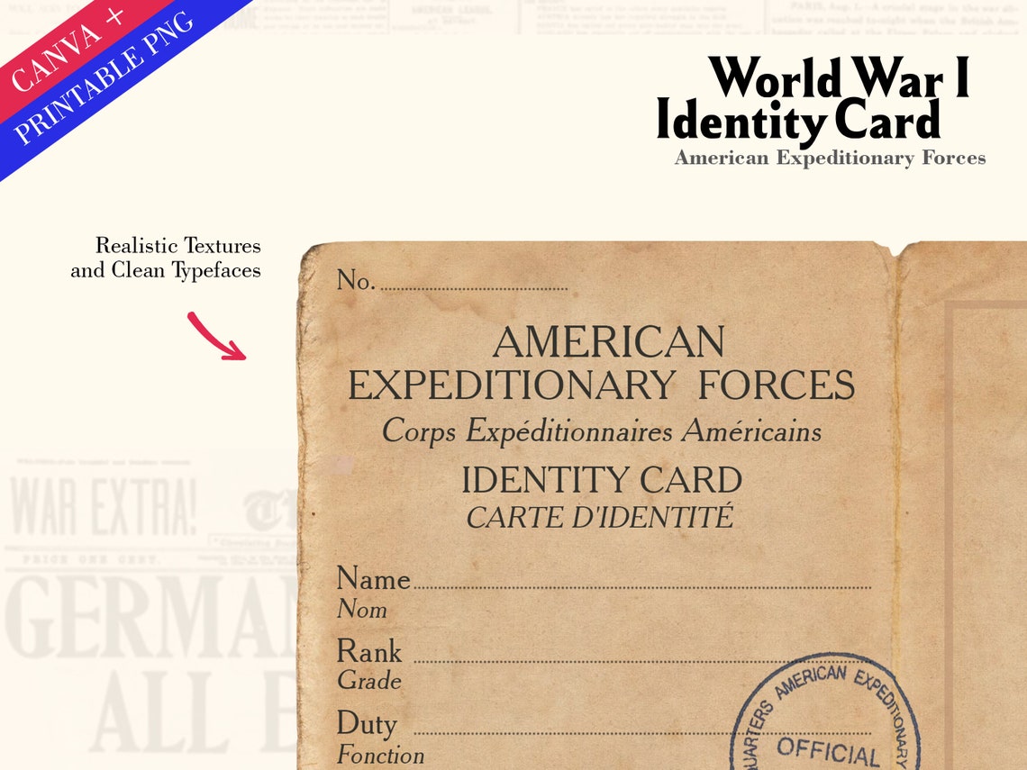 WW1 Identity Card American Expeditionary Forces Military Record ...