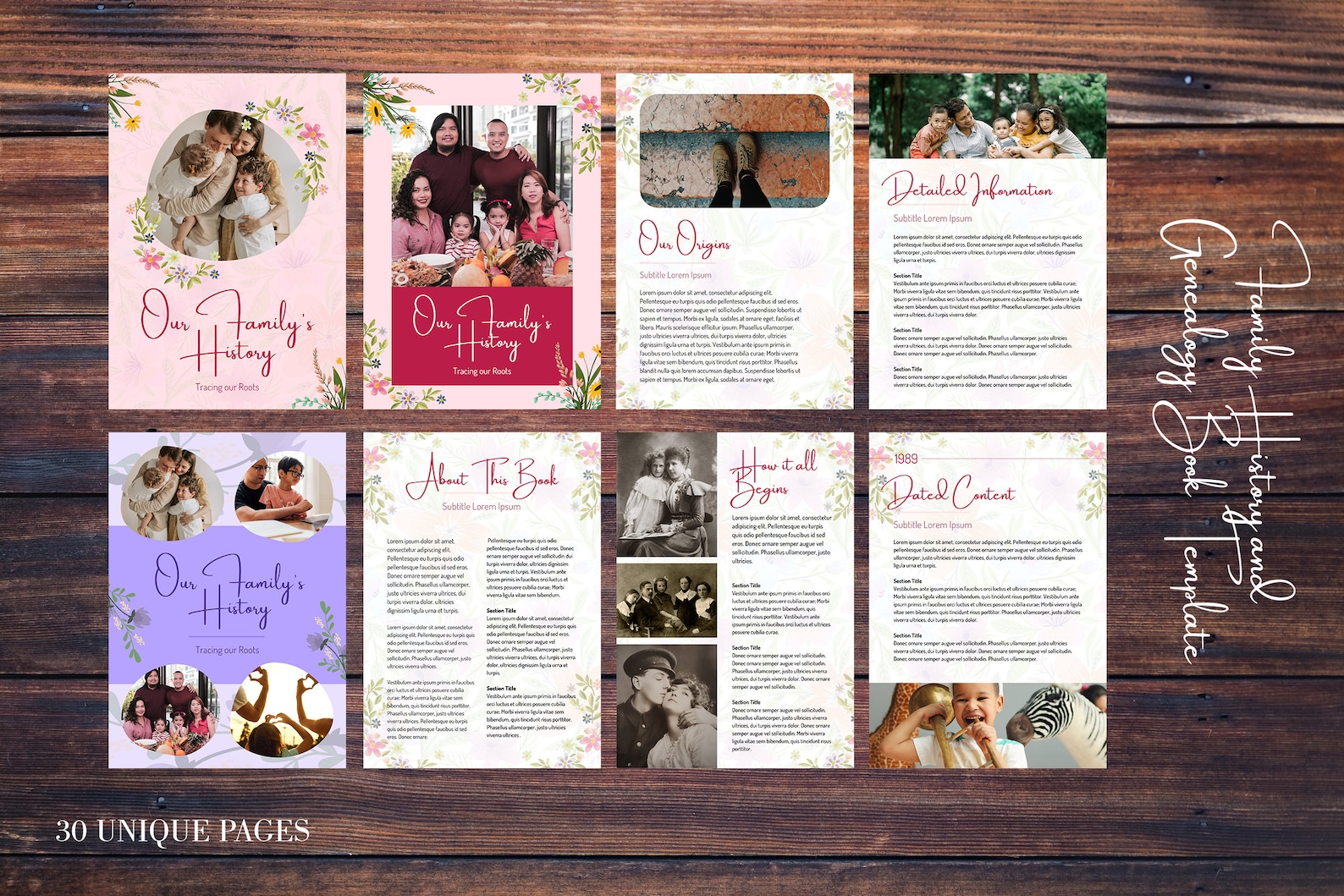 Genealogy Family History Scrapbook for Canva - "flowers" 30 Pages to ...