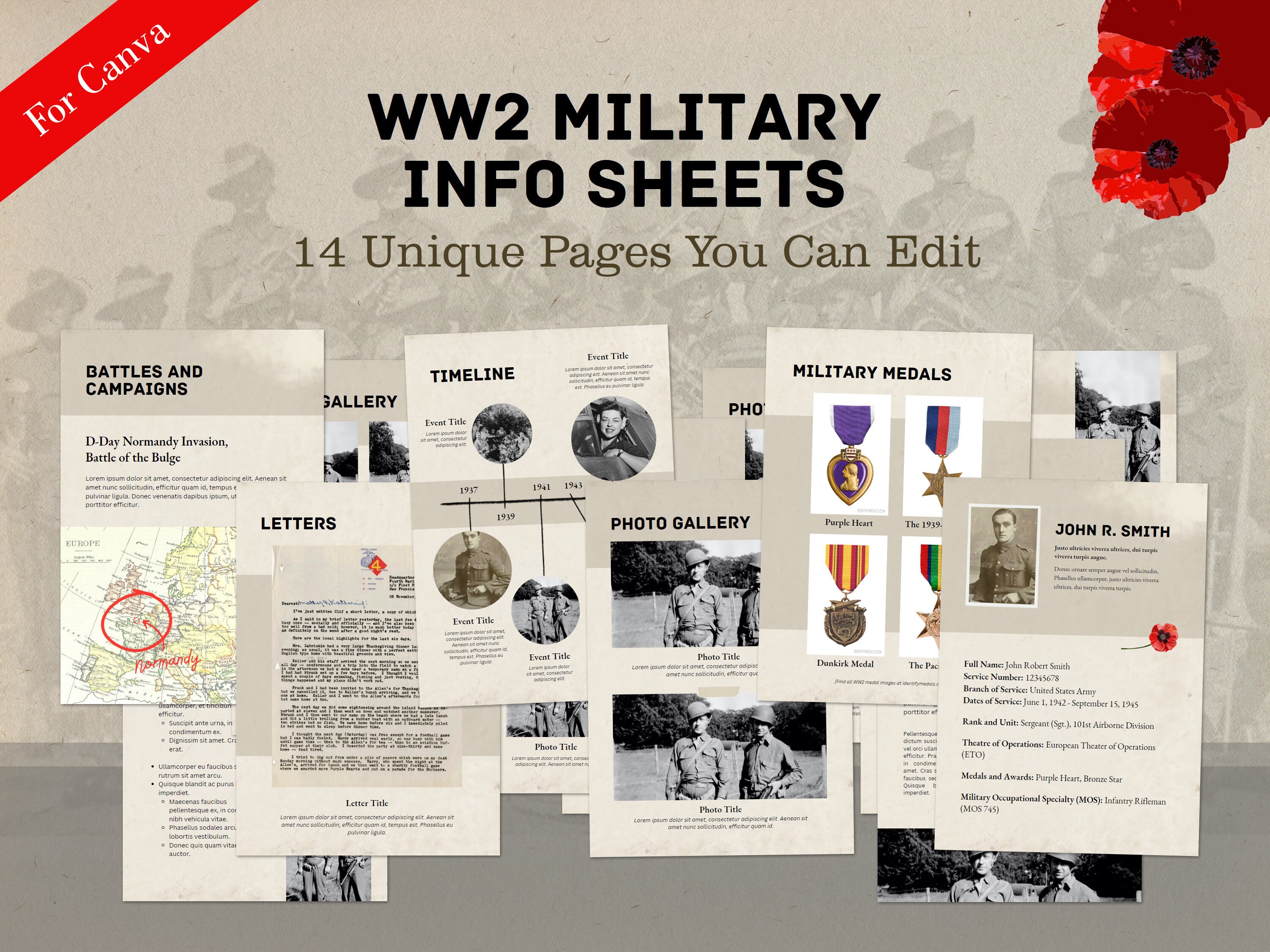 Genealogy Military Info Sheets (WW2) for Canva - 14 Unique Pages to ...