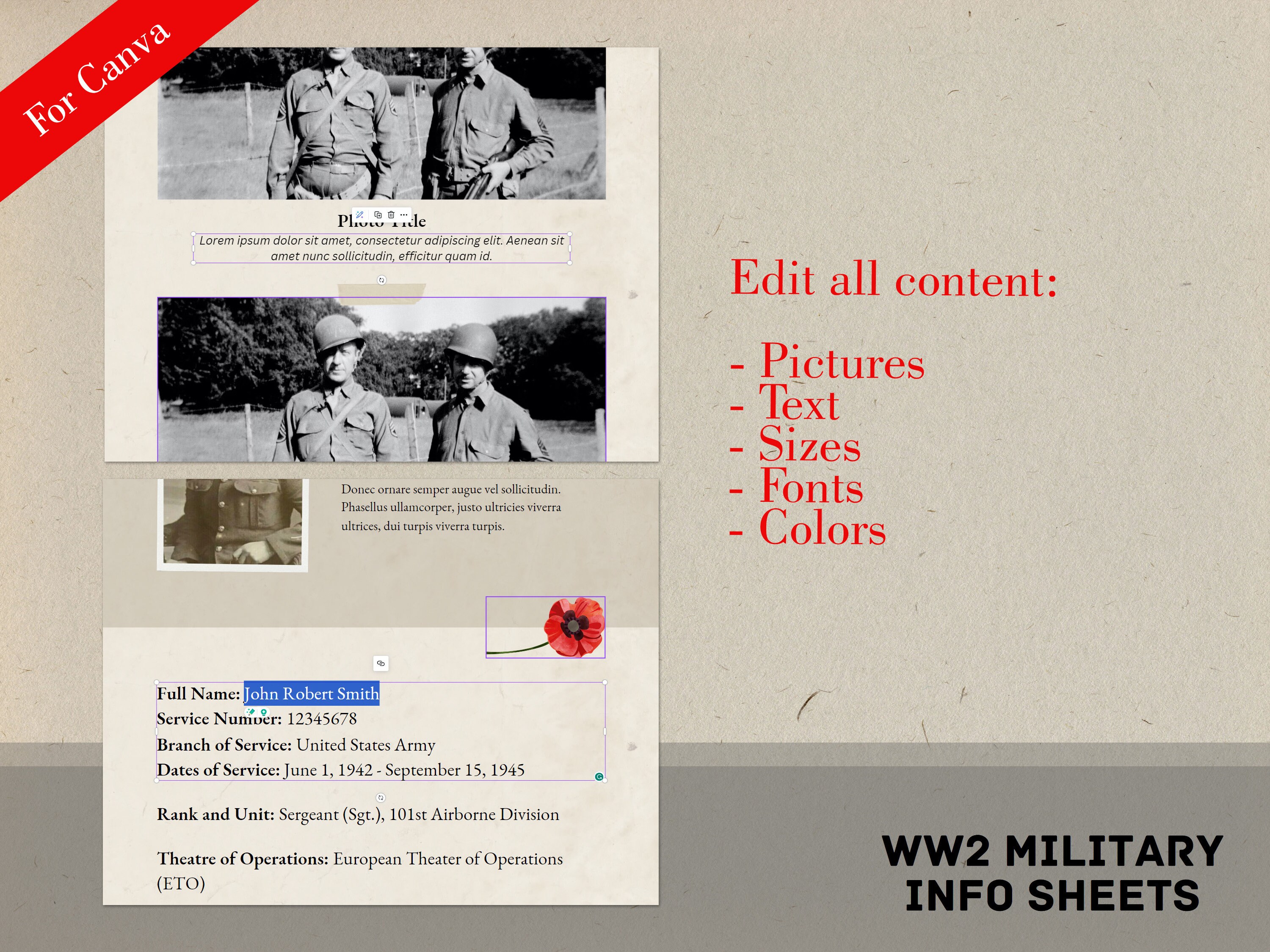 Genealogy Military Info Sheets (WW2) for Canva - 14 Unique Pages to ...