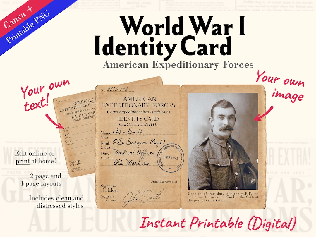WW1 Identity Card American Expeditionary Forces Military Record ...